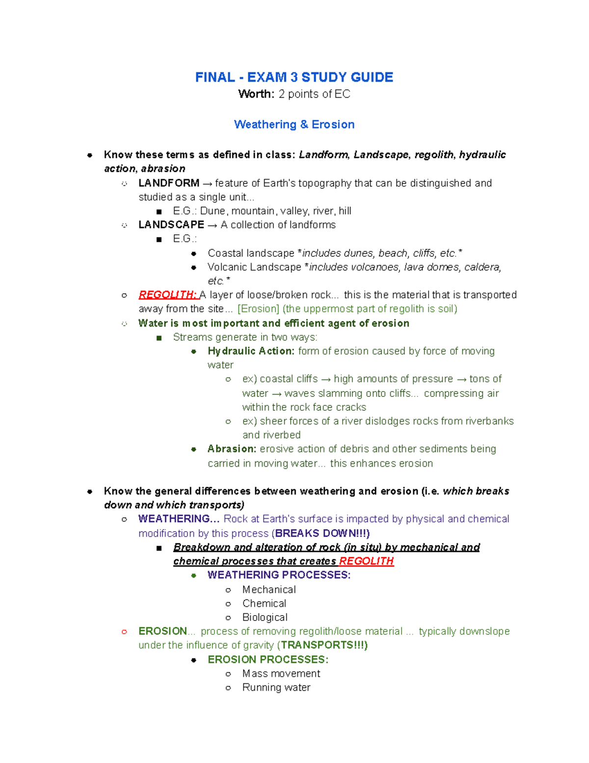 Final Exam 3 Study Guide: Weathering, Erosion & Soil Processes - Studocu