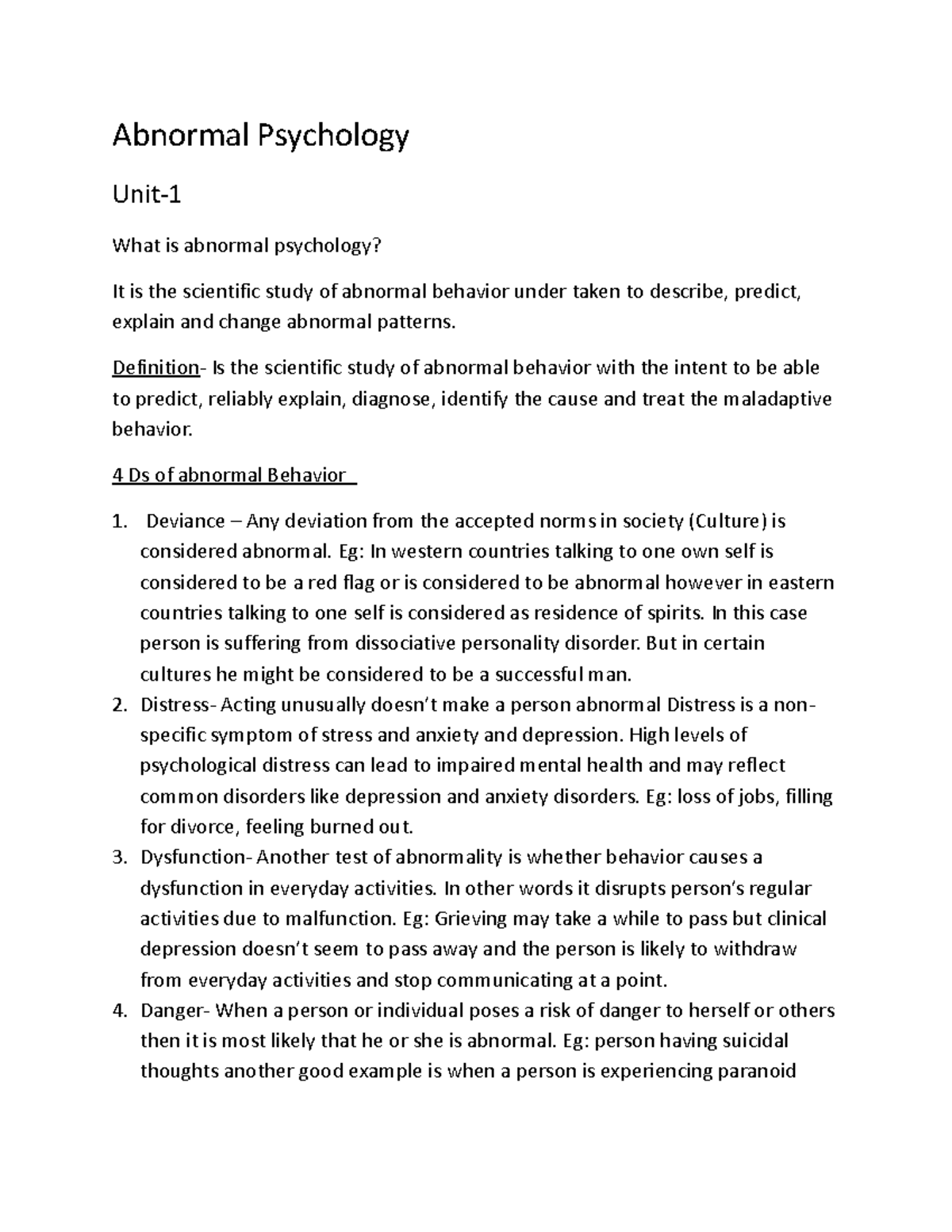 Abnormal Psychology - easy notes - Abnormal Psychology Unit- What is ...