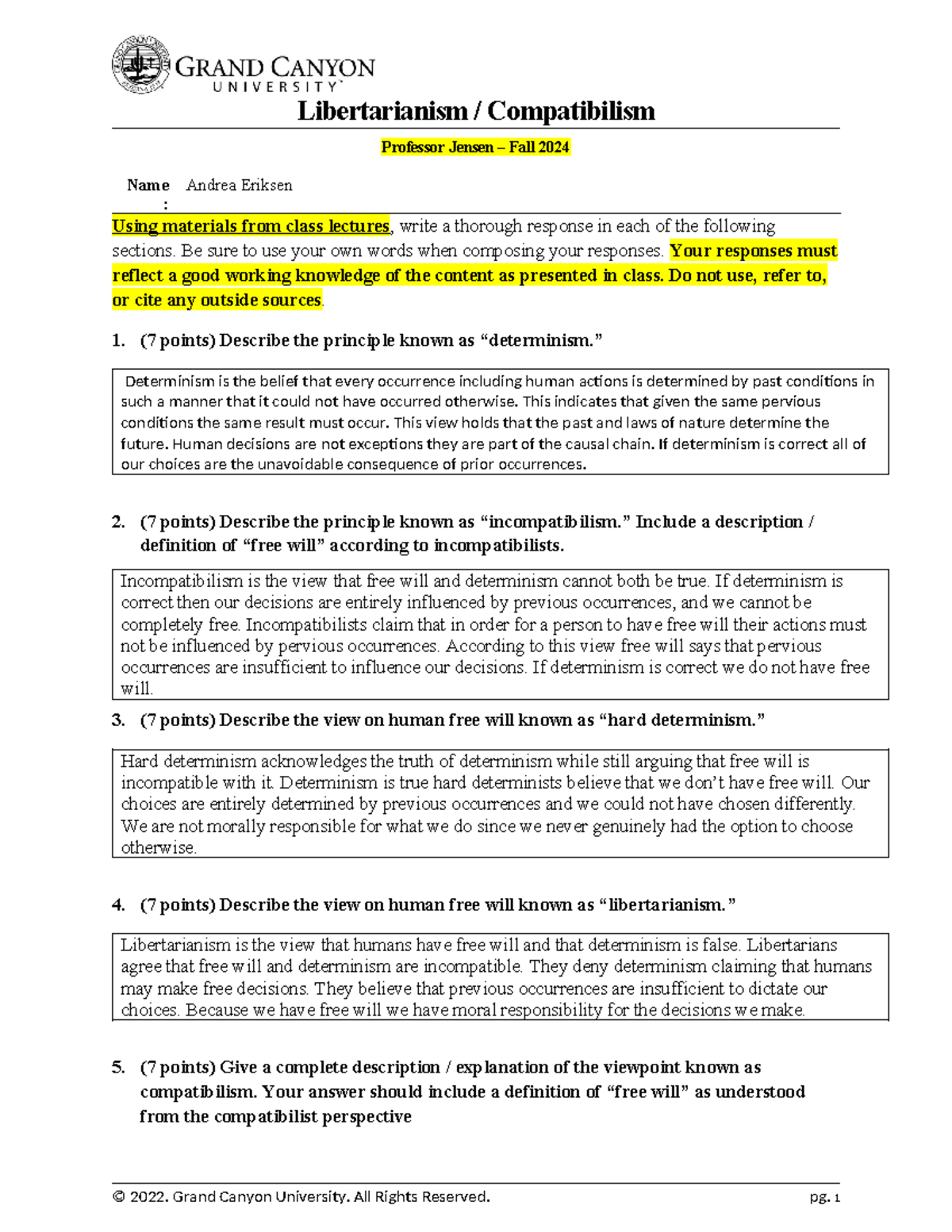 Libertarianism vs. Compatibilism Worksheet (PHIL 101) - Fall 2024 - Studocu