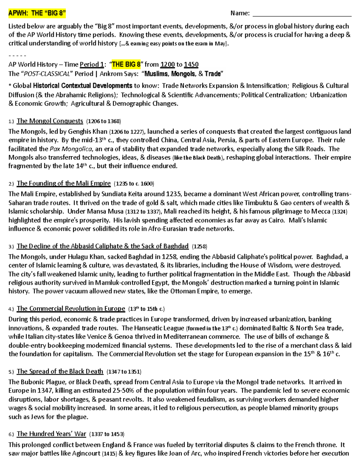 APWH: The Big 8 Events in World History Exam Review - Studocu