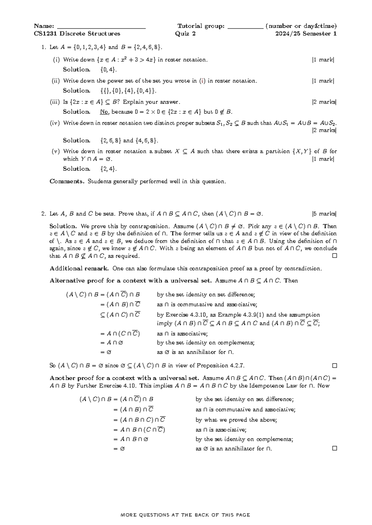 CS1231 Quiz 2 Solution - Name: Tutorial group: (number or day&time ...