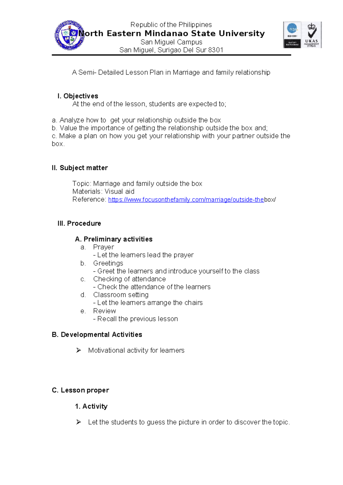 NEU 101: Detailed Lesson Plan on Marriage & Family Relationships - Studocu