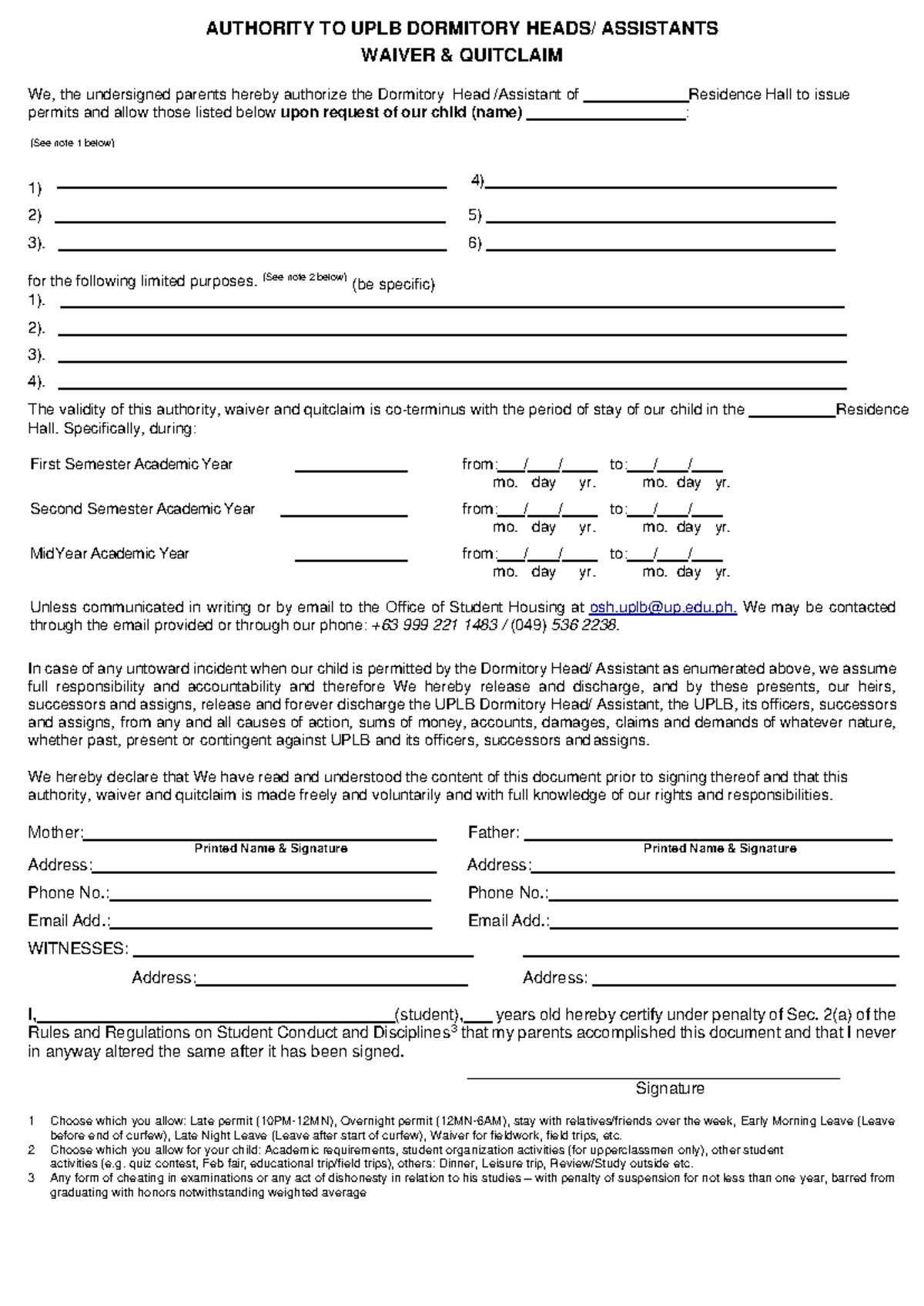 UPLB Dormitory Assistant Authority Waiver and Quitclaim Form - Studocu