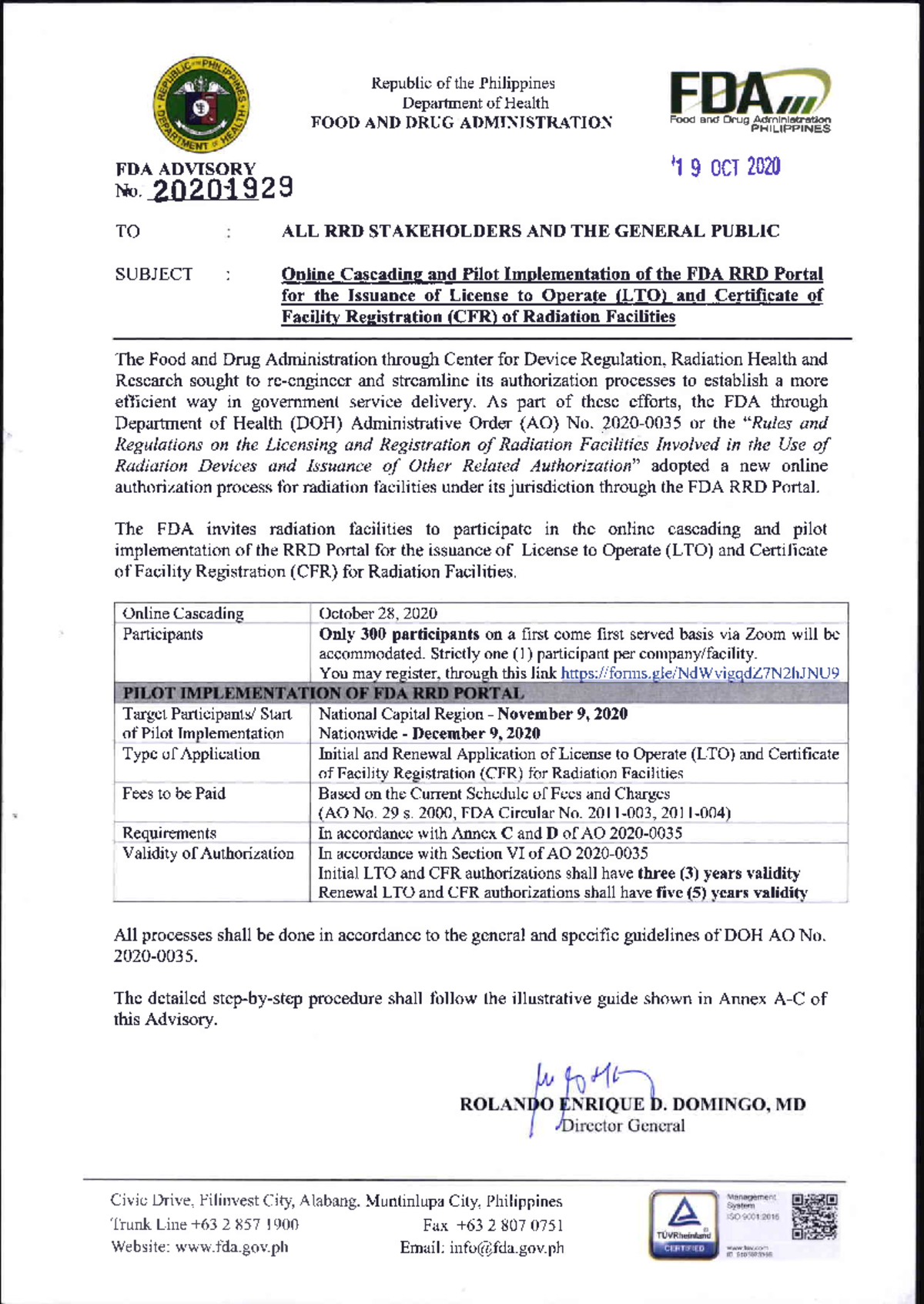 FDA Advisory 2020-1929: Online Implementation of RRD Portal for LTO/CFR ...