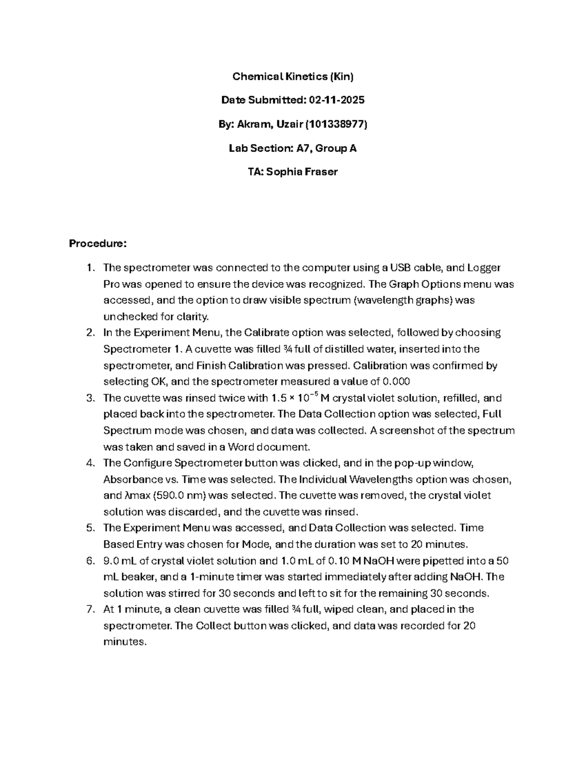 Chemical Kinetics (Kin) Lab Report: Crystal Violet Reaction Analysis ...