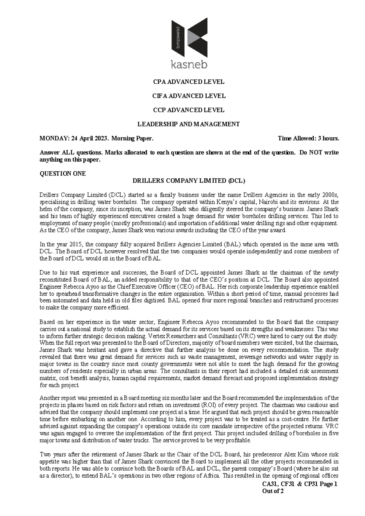 5 - kasneb - CA31, CF31 & CP31 Page 1 Out of 2 CPA ADVANCED LEVEL CIFA ...