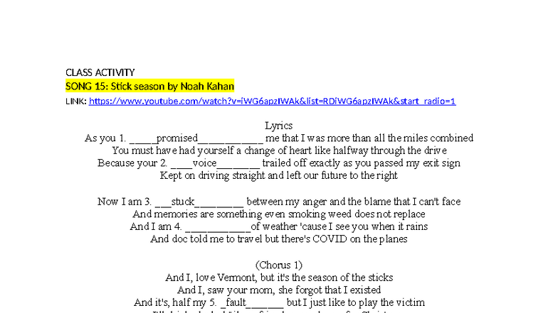 Class Activity SONG 15: Stick Season by Noah Kahan Lyrics Analysis ...