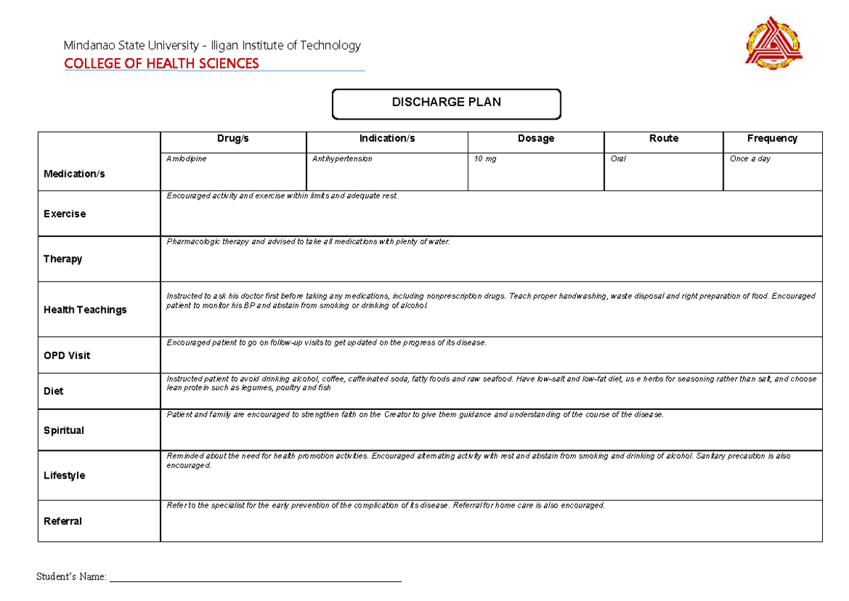 Discharge Plan for Amlodipine Antihypertension (10 mg) - MSU-IIT - Studocu
