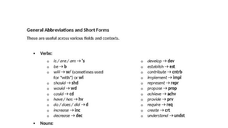 General Abbreviations and Short Forms for Various Fields - Studocu