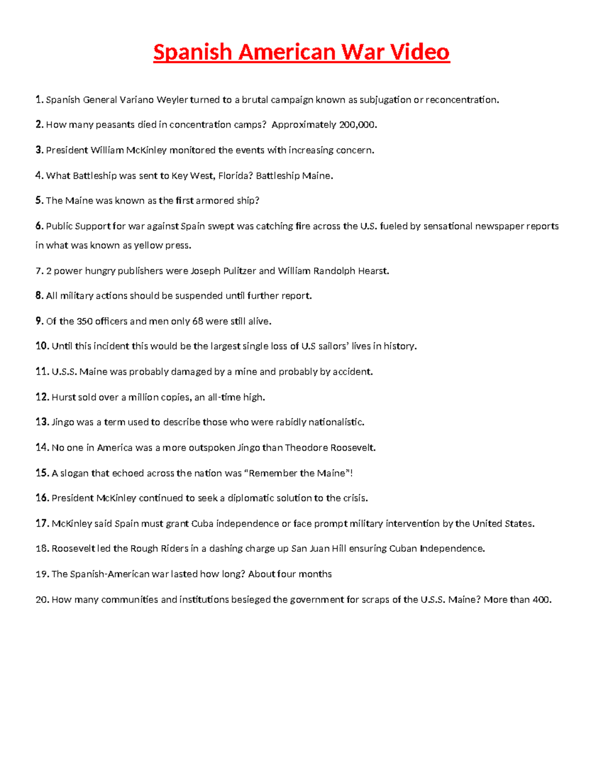 Spanish-American War Video Questions for Canvas - Study Guide - Studocu