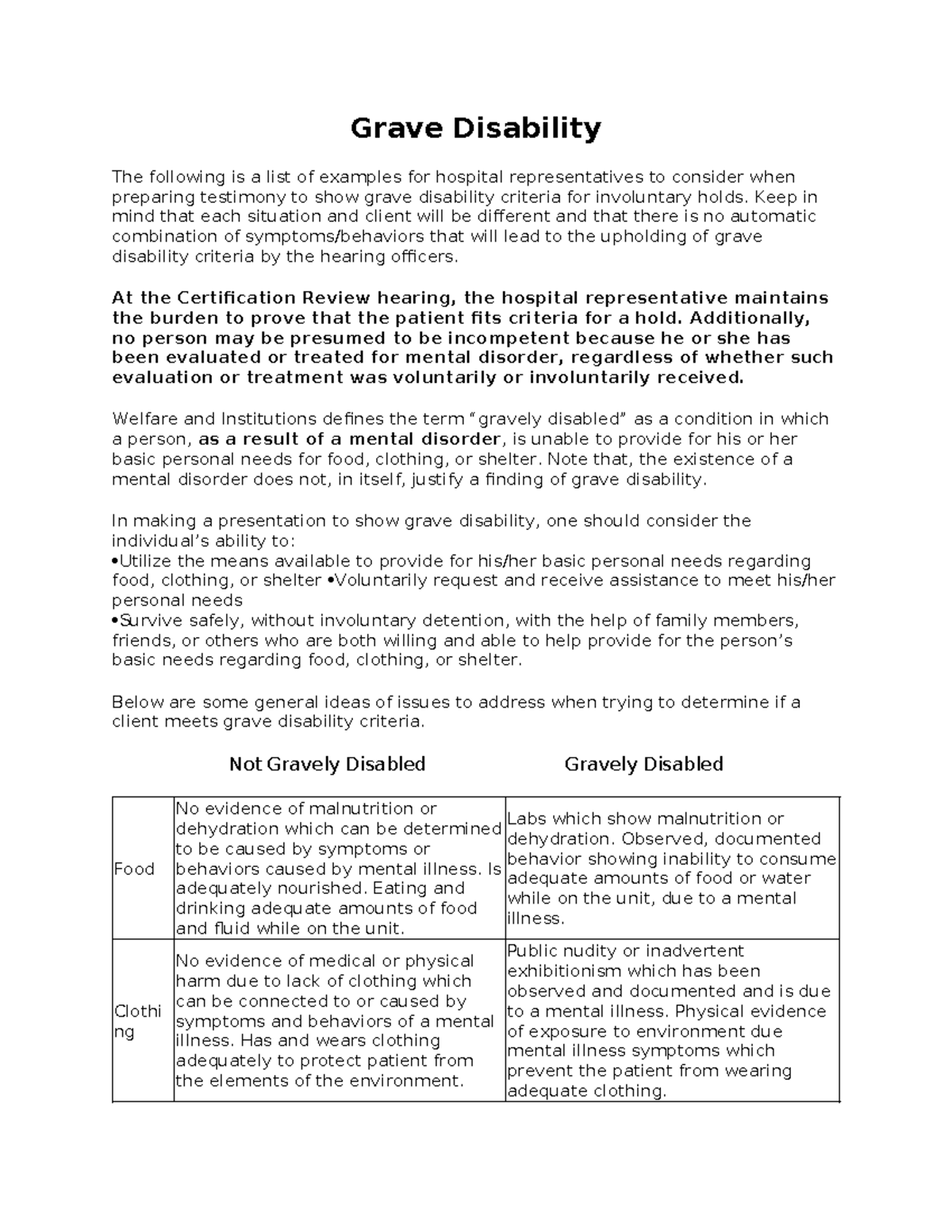 Grave Disability Assessment Tips for Hospital Representatives - Studocu