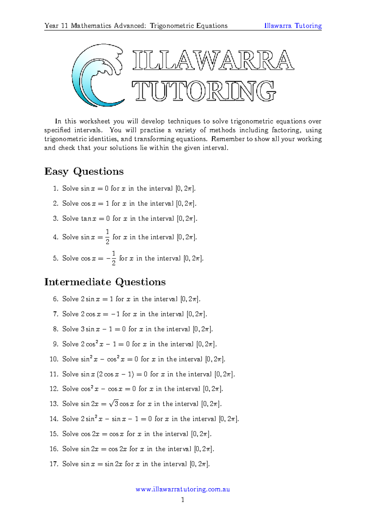 Year 11 Mathematics Advanced: Trigonometric Equations Worksheet - Studocu