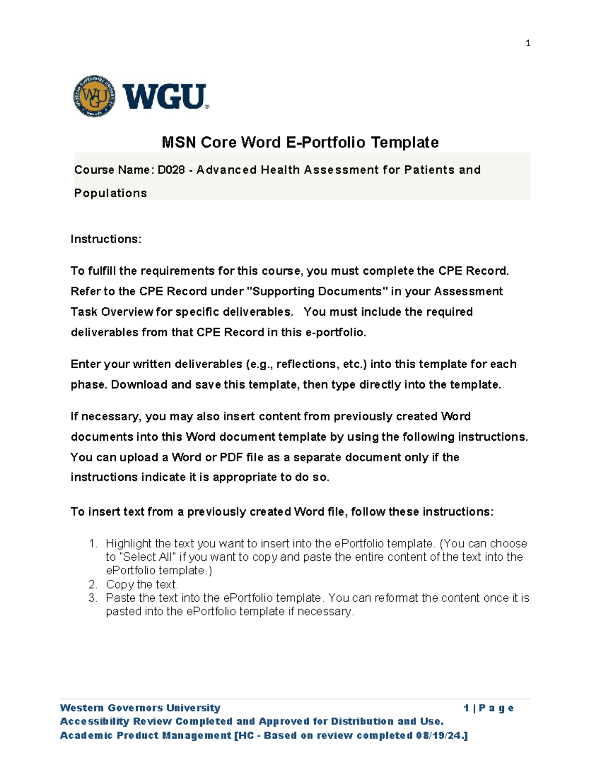 D028 Advanced Health Assessment: CPE Record Template Guide - Studocu