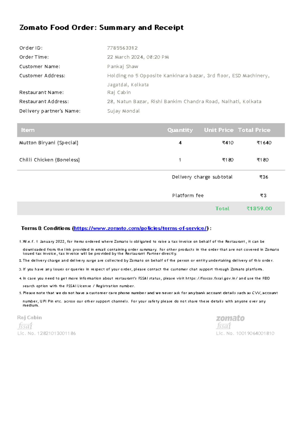Order ID 7785563312 - data - Zomato Food Order: Summary and Receipt ...