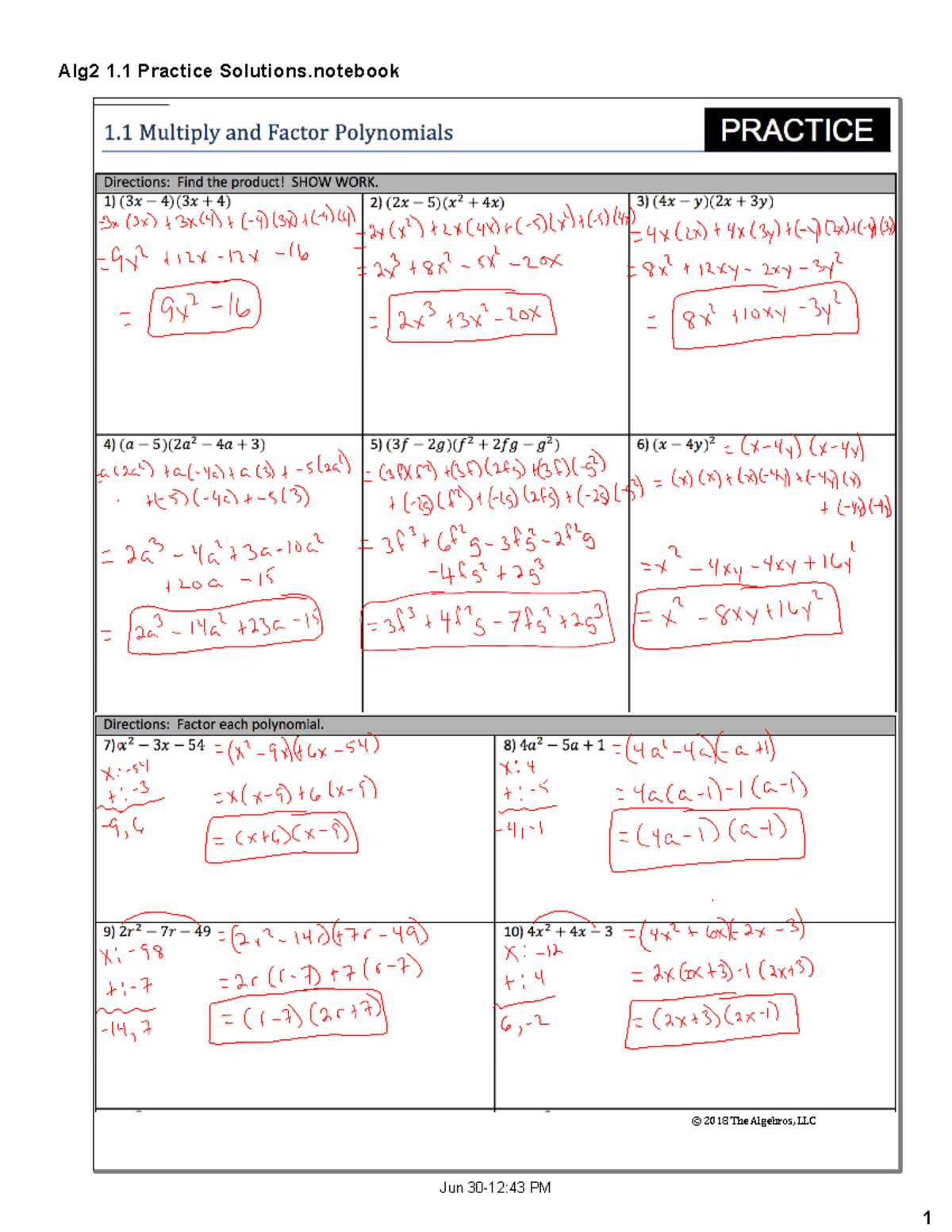 A2cc solutions unit 1 - polynomials - Alg2 1 Practice Solutions 1 Jun ...