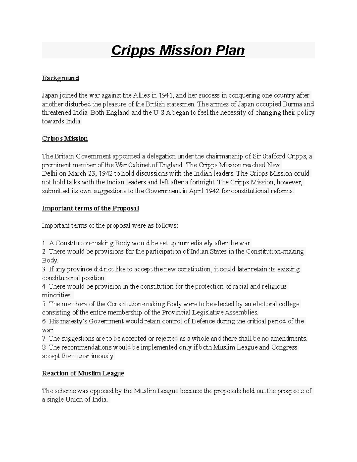 Cripps Mission Overview - Grade 12 History Insights - Studocu