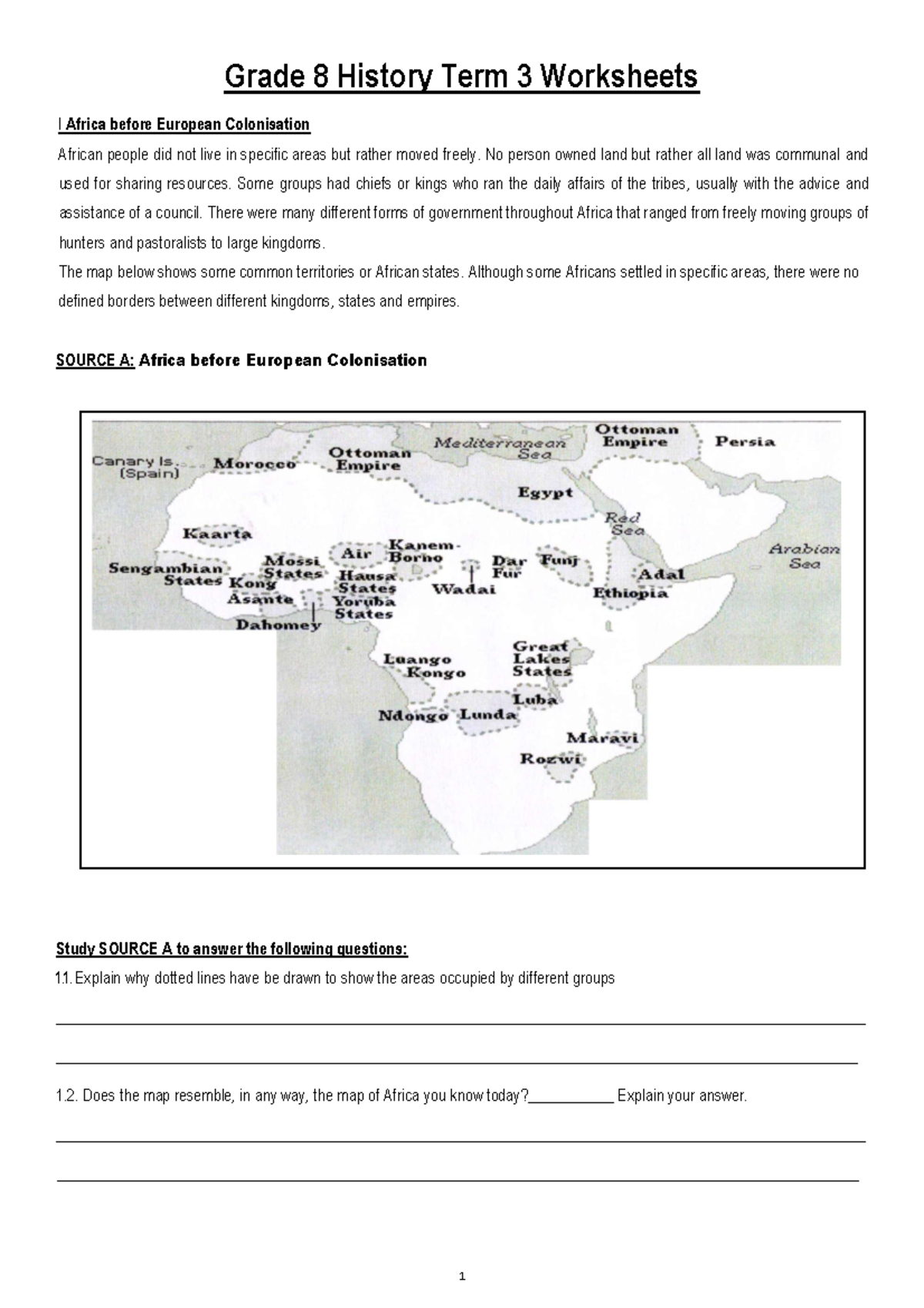 Gr. 8H Term 3 History Worksheets: Africa Before Colonisation - Studocu