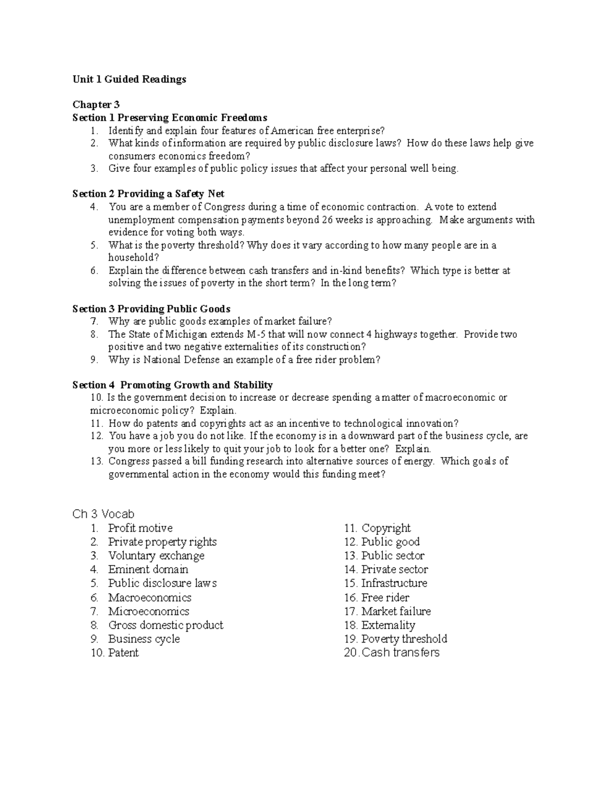 Unit 1 Ch 3 Guided Readings & Vocabulary - Economic Freedoms Analysis ...