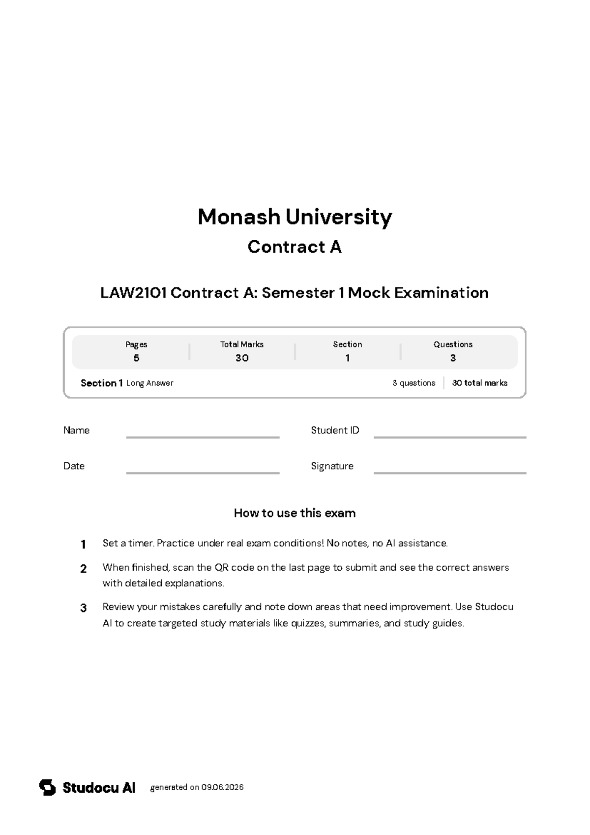 LAW2101 Contract A: Semester 1 Mock Exam - Studocu