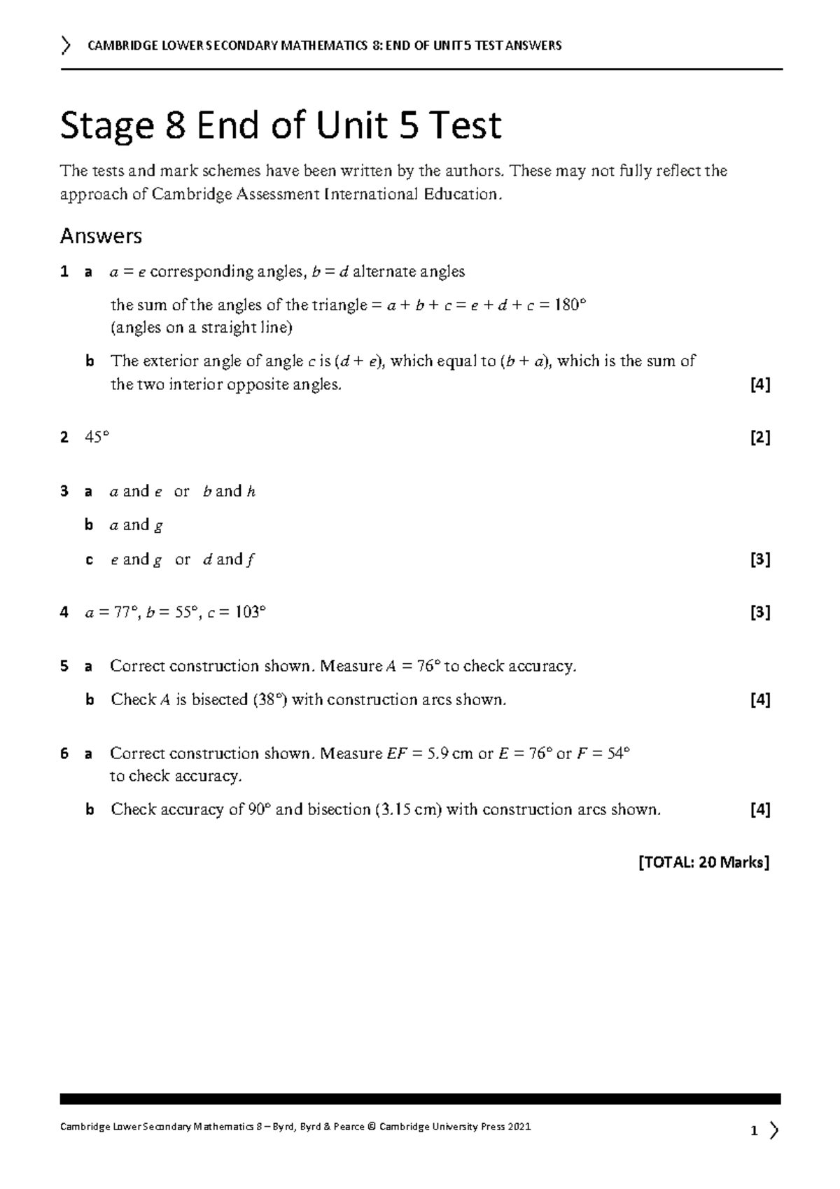 CAMBRIDGE LOWER SECONDARY MATH 8: END OF UNIT 5 TEST ANSWERS - Studocu