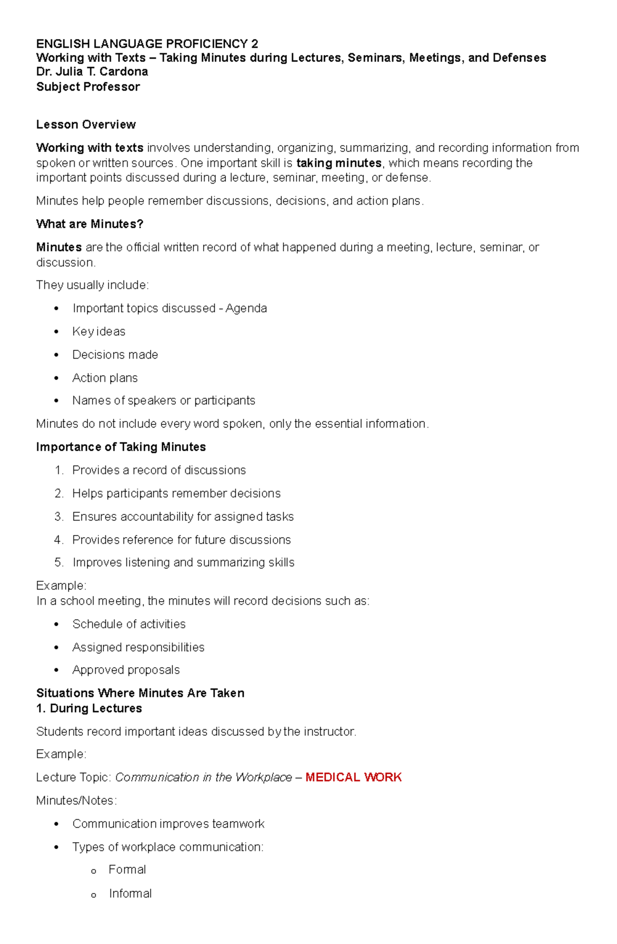 ELP2: Lesson on Taking Minutes in Lectures and Meetings - Studocu