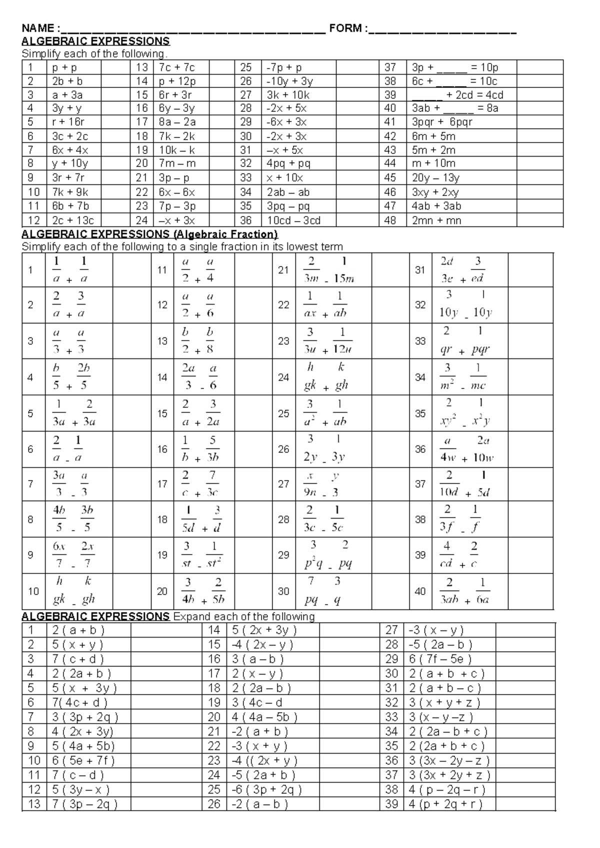 Algebraic Expressions Simplification and Expansion Exercises - Studocu