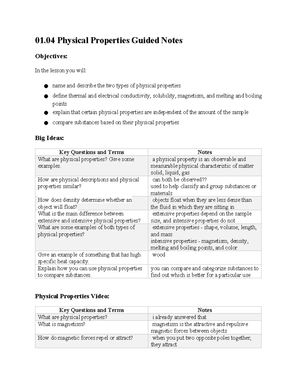 01 04 Physical Properties Guided Notes - Key Concepts & Definitions ...