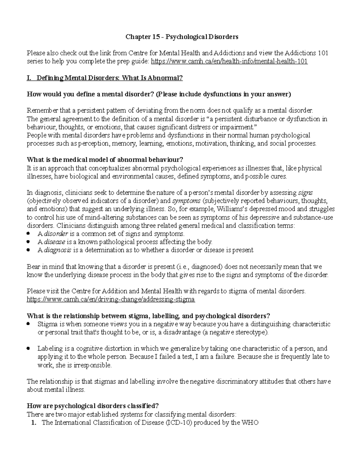 Chapter 15 - Psychological Disorders - Chapter 15 - Psychological ...