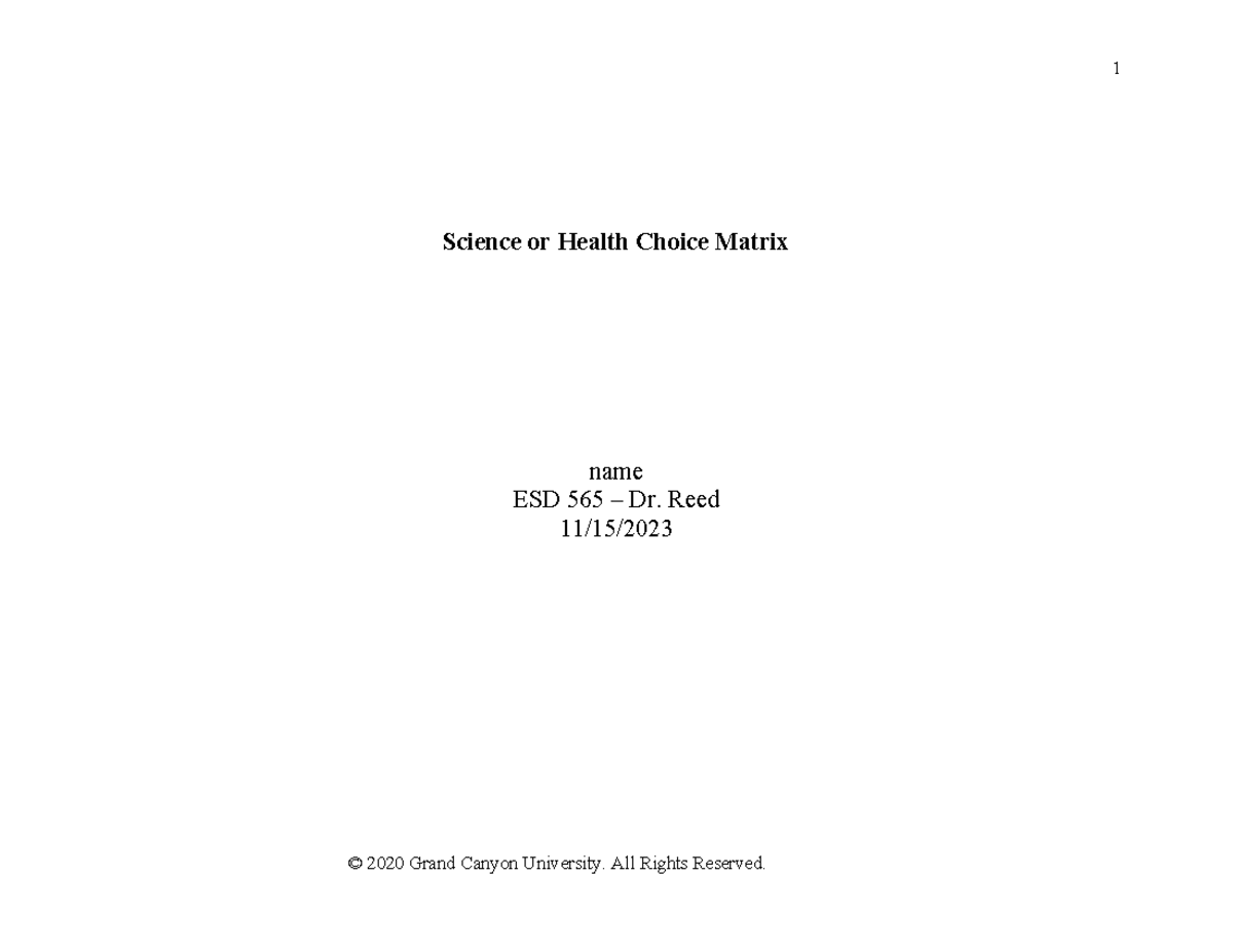 ESD 565: Science vs. Health Choice Matrix for 3rd Grade Nutrition ...