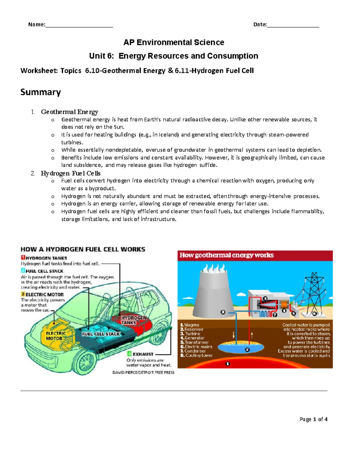 APES Worksheet 6.10-Geothermal Energy & 6.11-Hydrogen Fuel Cell - Name