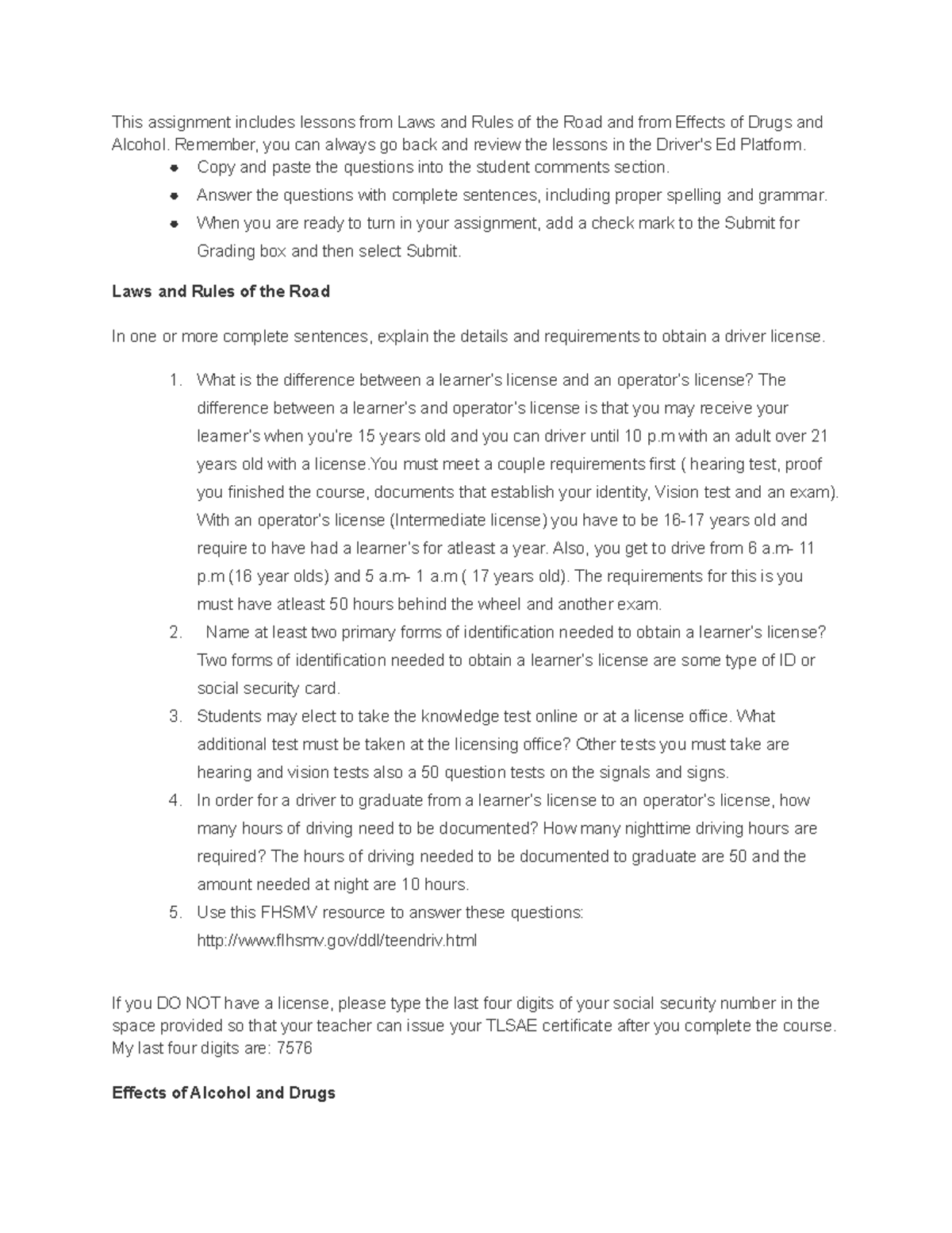 Drivers Ed Assignment: Laws and Effects of Drugs & Alcohol - Studocu