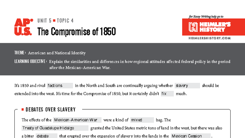 APUSH Unit 5 Topic 4: The Compromise of 1850 Note Guide - Studocu