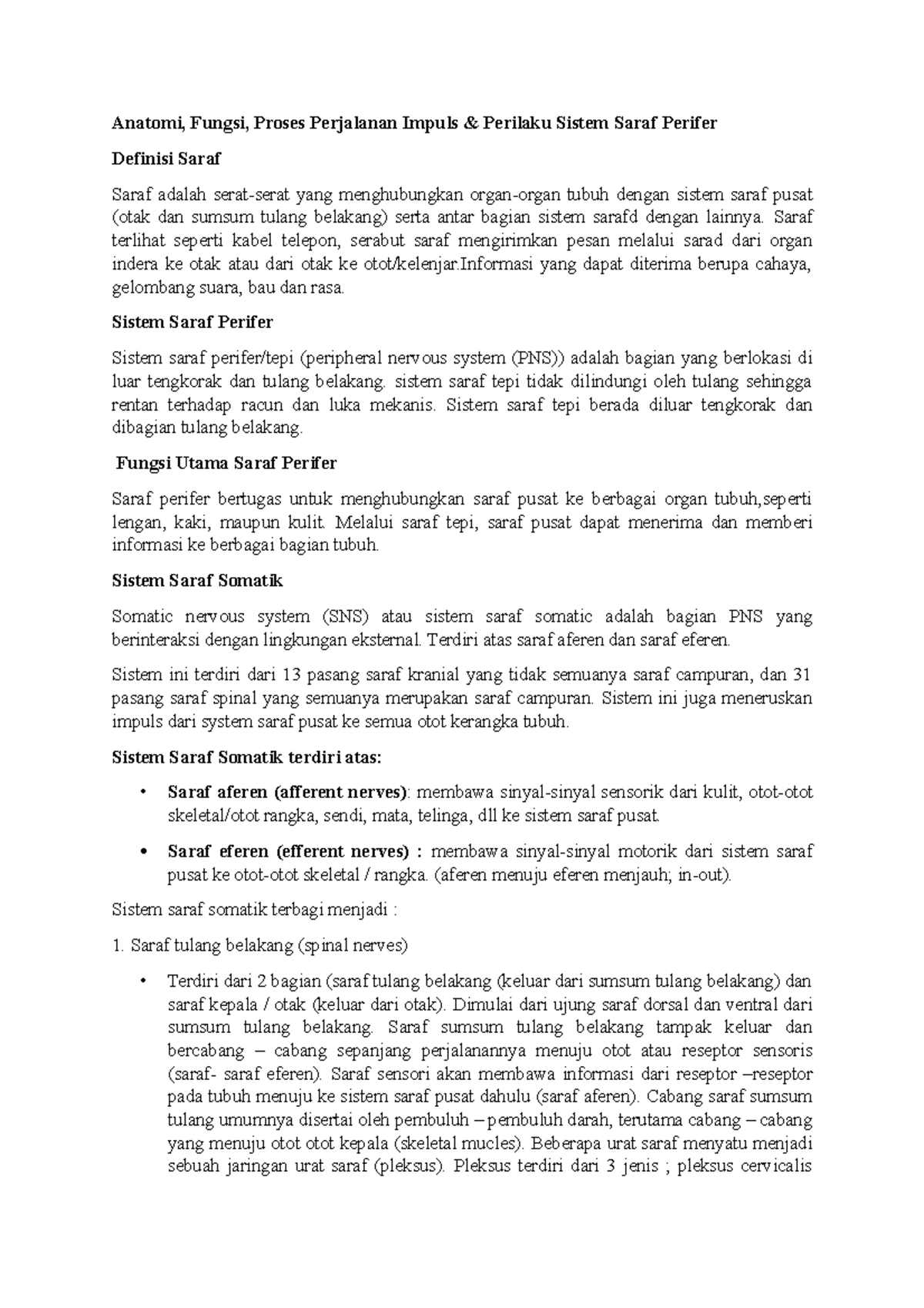 Sistem Saraf Perifer: Anatomi, Fungsi, dan Proses Impuls Saraf - Studocu