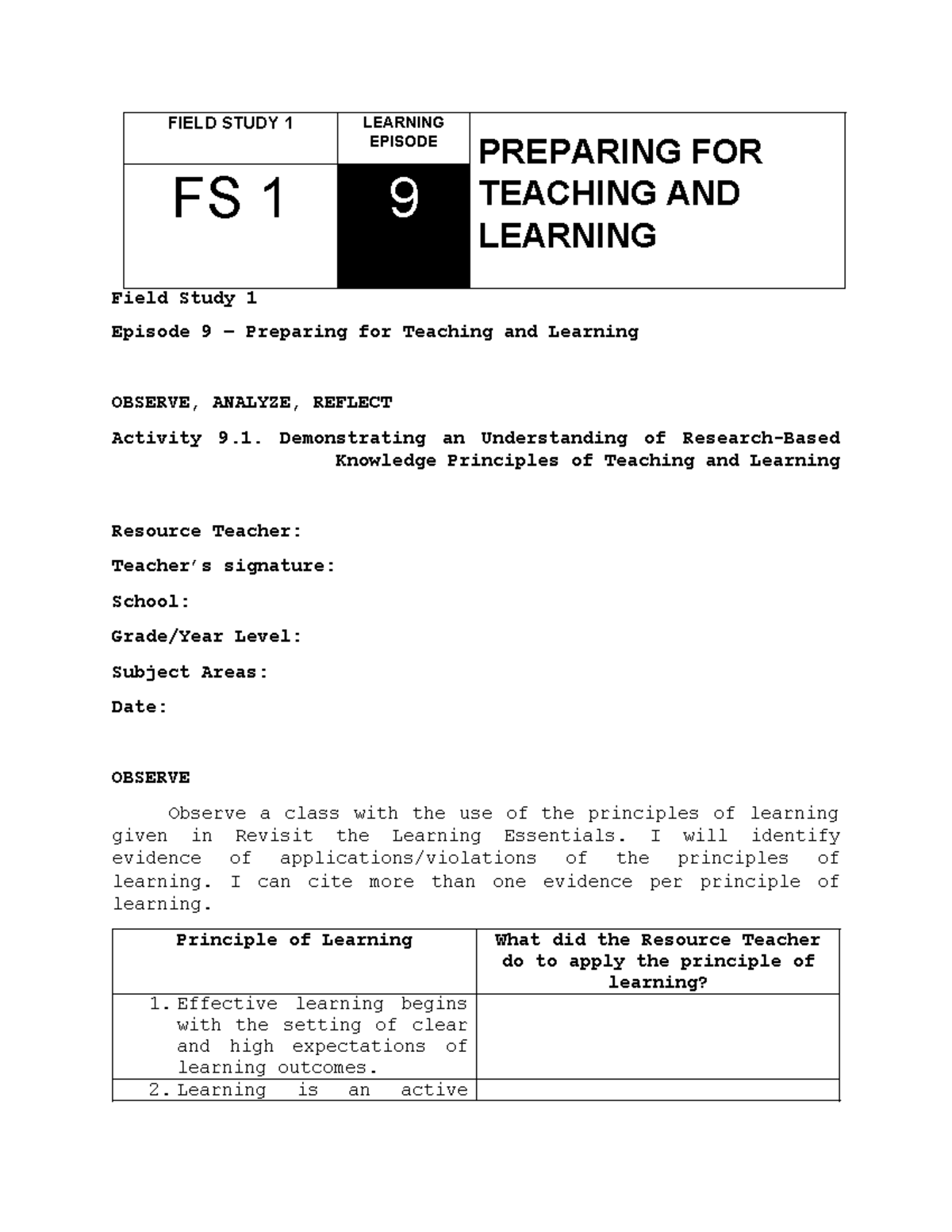 FS 1 Episode 9: Preparing for Effective Teaching and Learning - Studocu