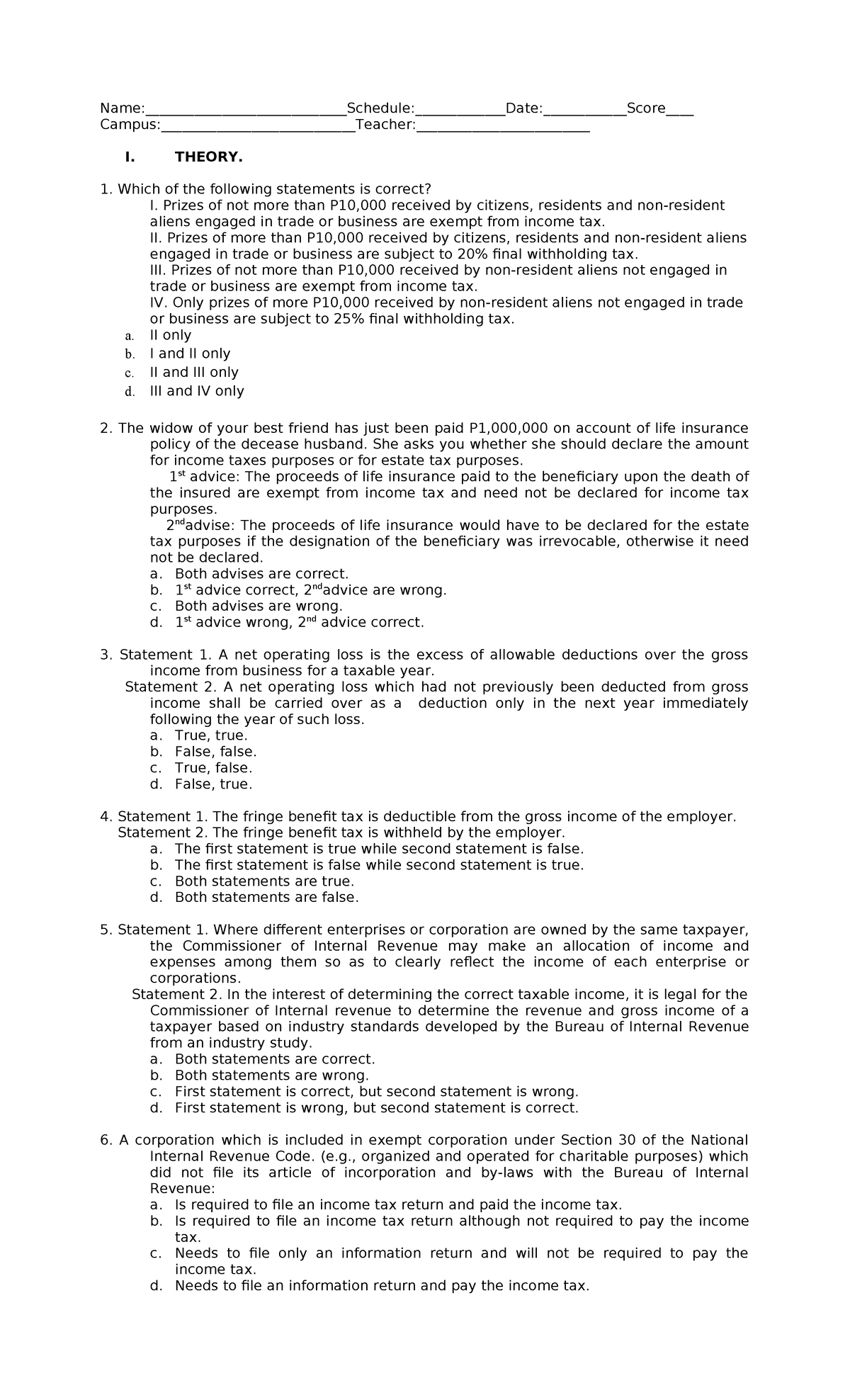 TAX-311 Departmental Exam Review: Income Tax Principles & Problems ...
