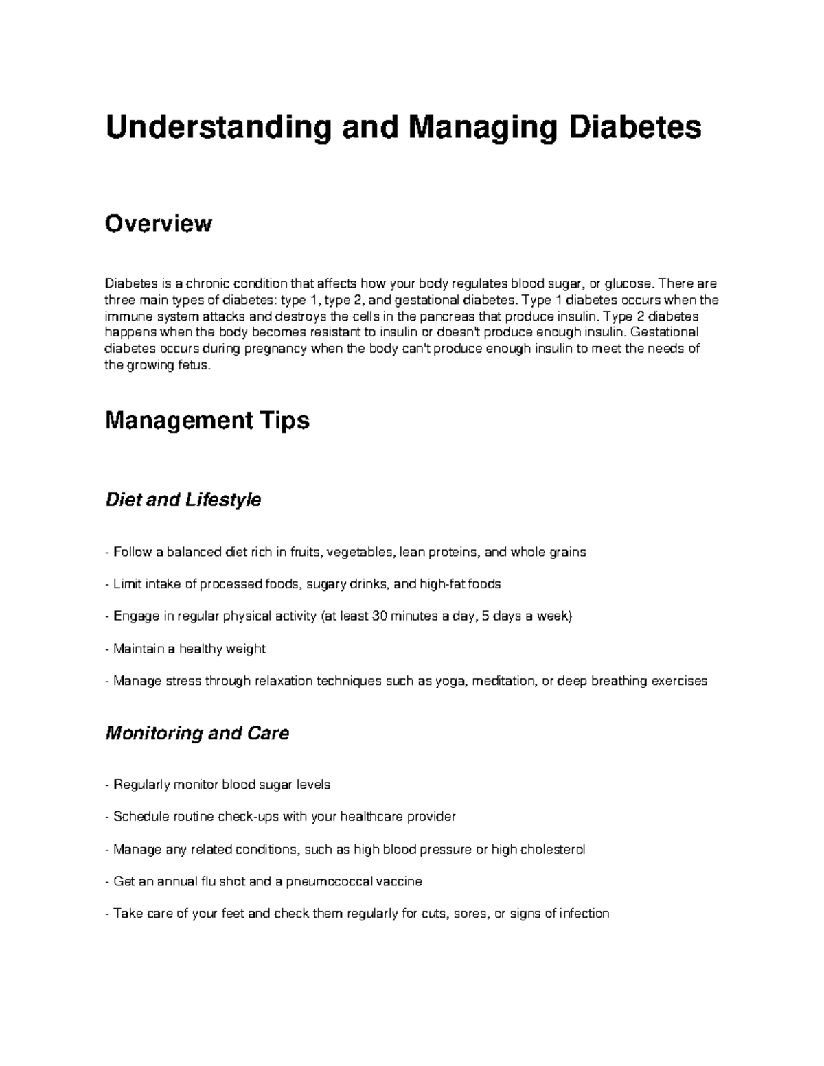 Diabetes Overview and Management Tips: A Comprehensive Guide - Studocu