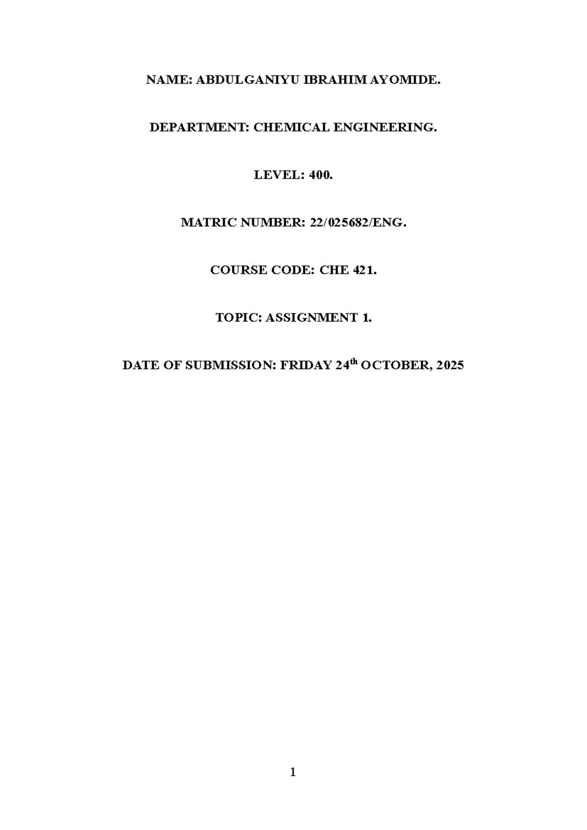 Assignment 1: Mean, Median, and Mode in CHE 421 - Studocu