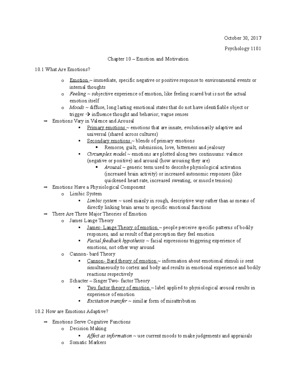 Chapter 10 - Emotion and Motivation - October 30, 2017 Psychology 1101 Chapter 10 – Emotion and ...