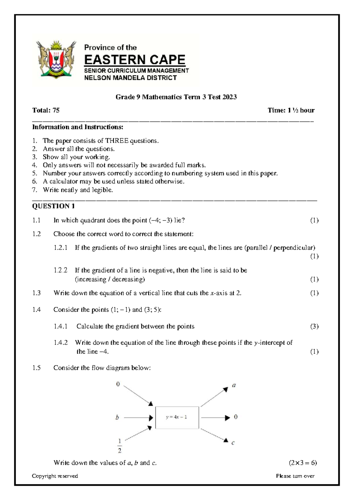 Grade 9 Mathematics Term 3 Test 2023 - Total: 75 Marks - Studocu