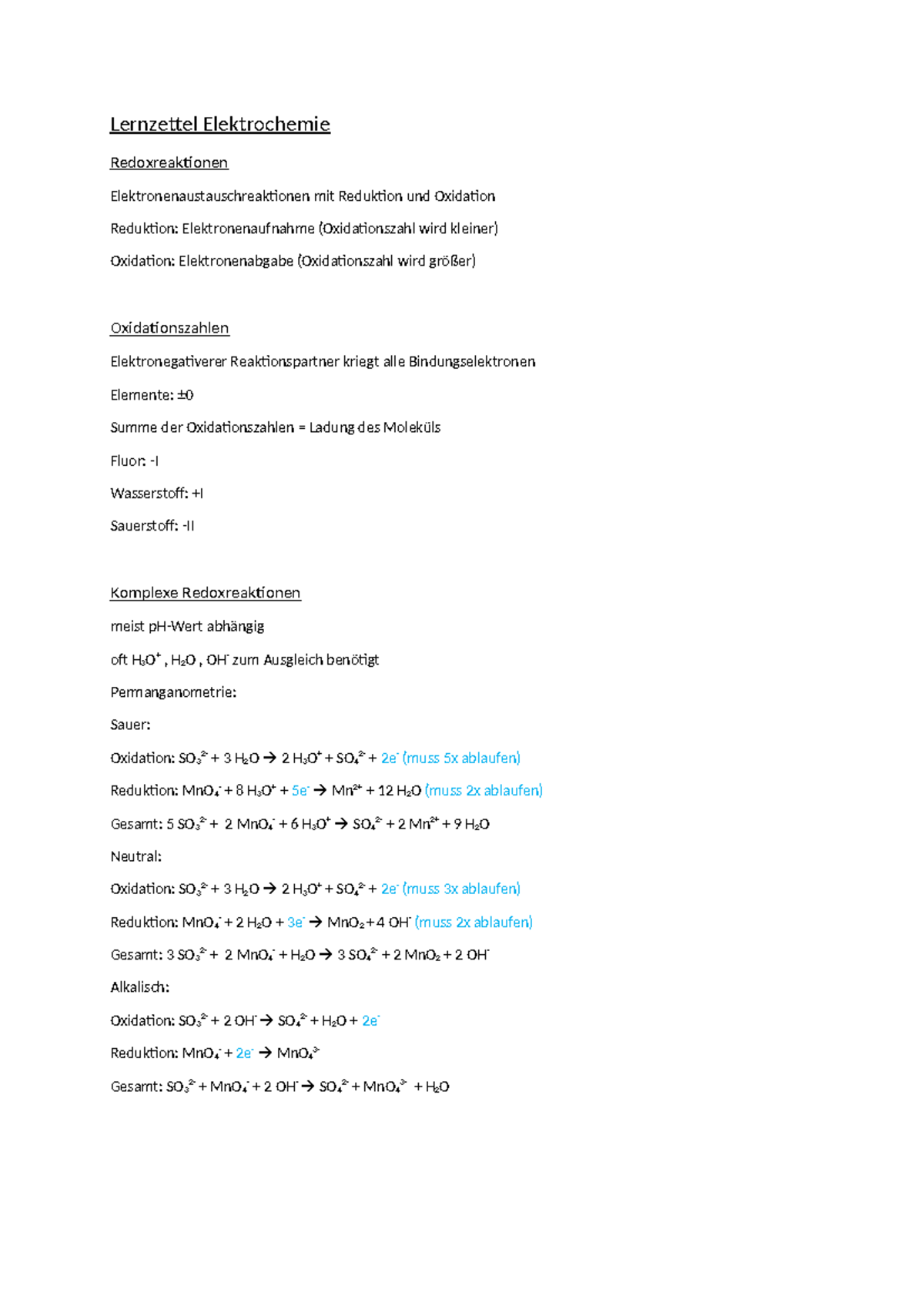 Lernzettel zur Elektrochemie - Redoxreaktionen & Elektrolyse Erklärung ...