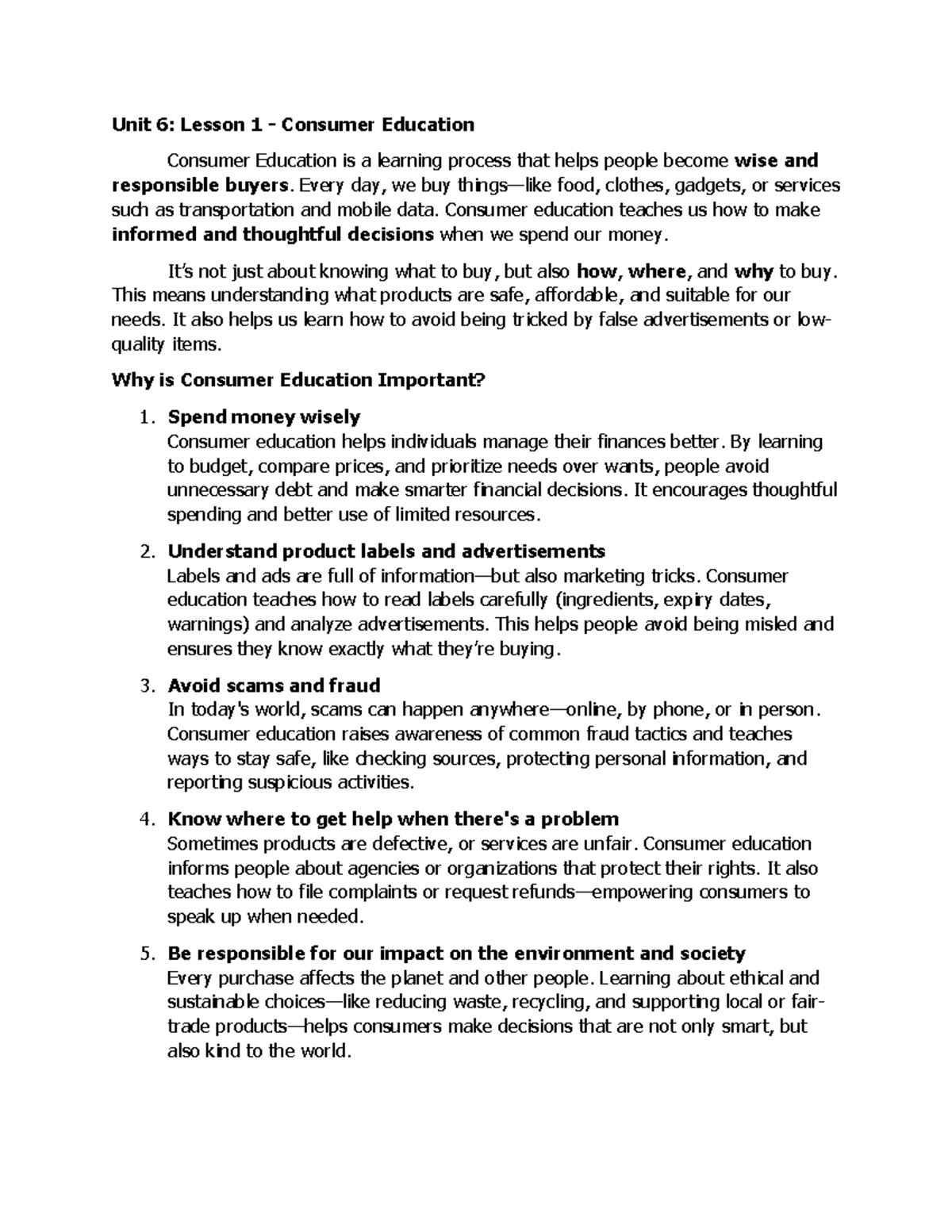 Unit-6 lesson-1 consumer-Education - Unit 6 : Lesson 1 - Consumer ...