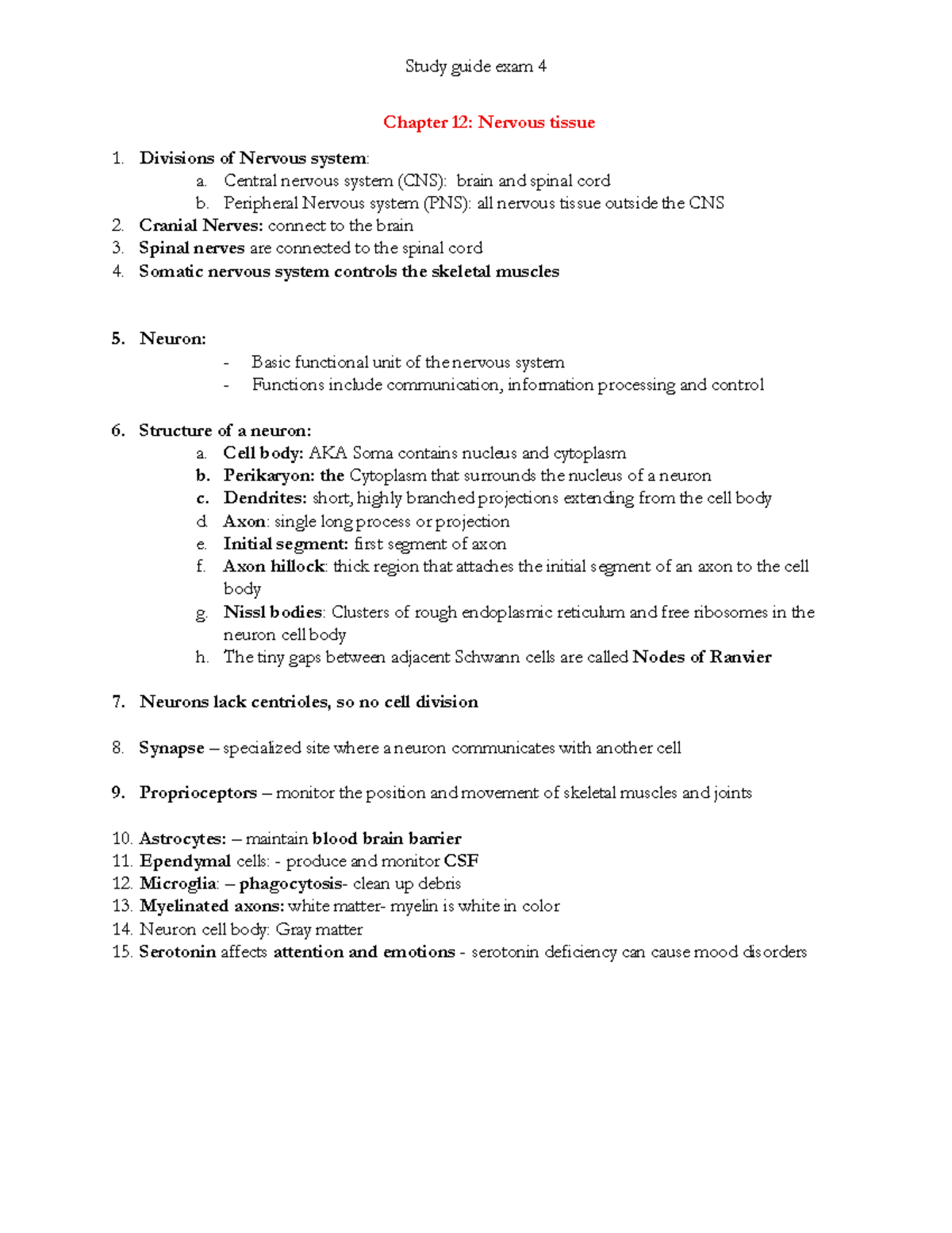 Study Guide Exam 4: Nervous System Overview and Key Concepts - Studocu