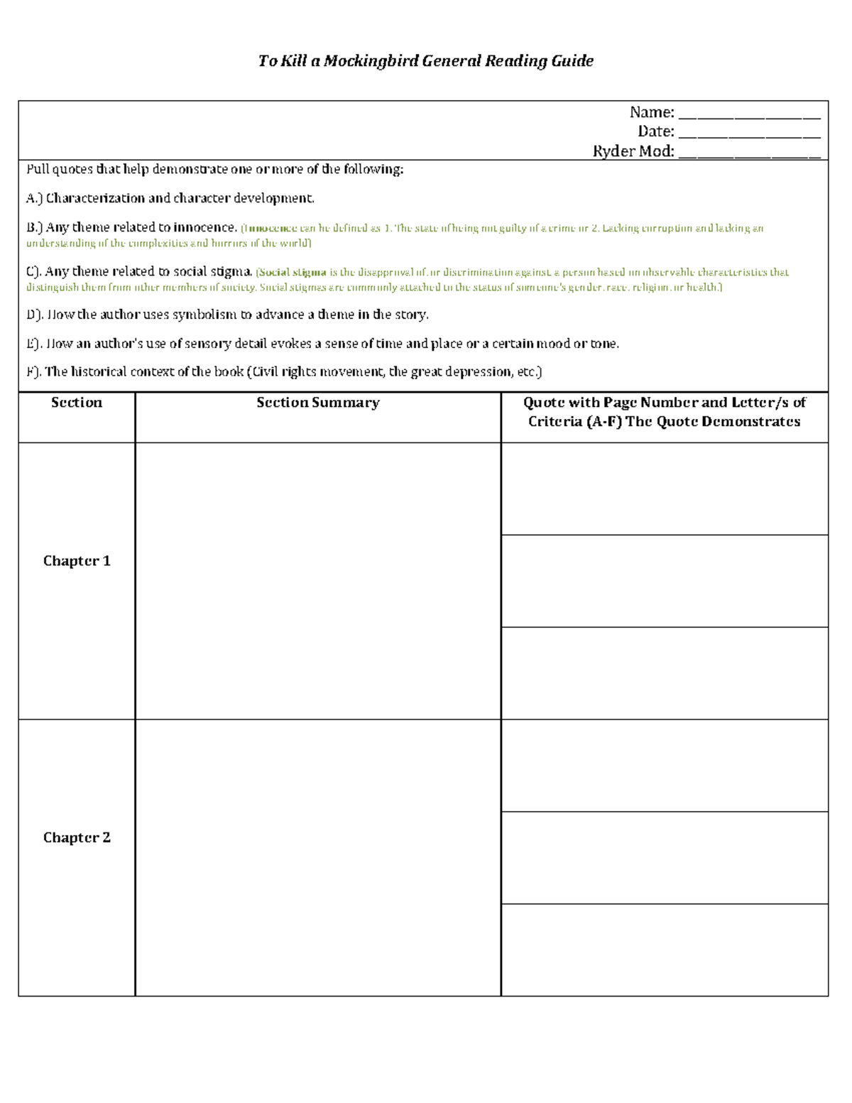 To Kill a Mockingbird General Reading Guide for Virtual Learning - Studocu