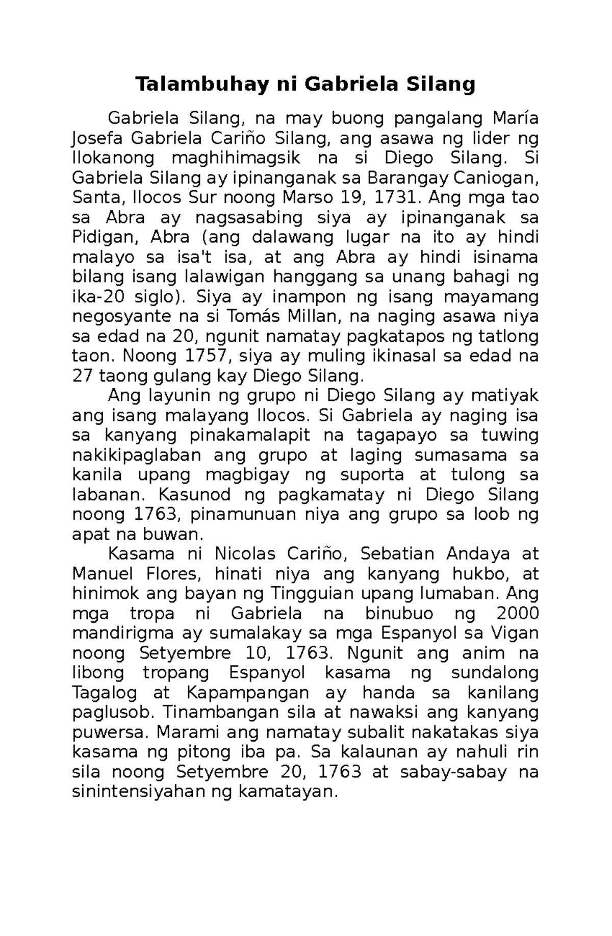 Talambuhay ni Gabriela Silang: Isang Pagsusuri sa Kanyang Buhay - Studocu