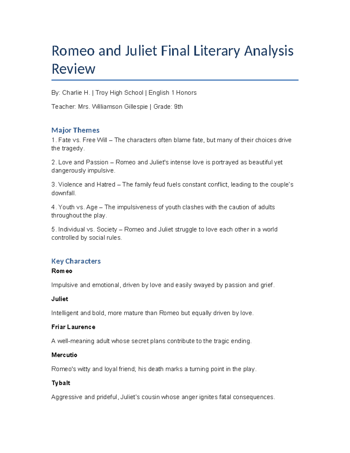 Romeo and Juliet English 1 Honors Final Literary Analysis Review - Studocu