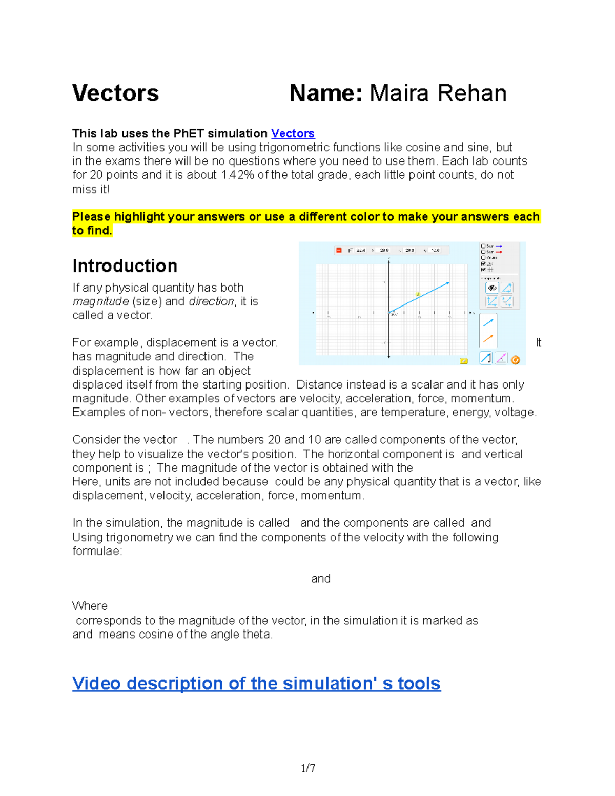 Vectors Lab 1: Understanding Magnitude and Direction using PhET Simulation - Studocu