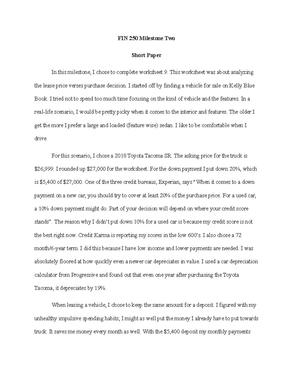 FIN 250 Milestone Two Short Paper: Lease vs. Purchase Analysis - Studocu