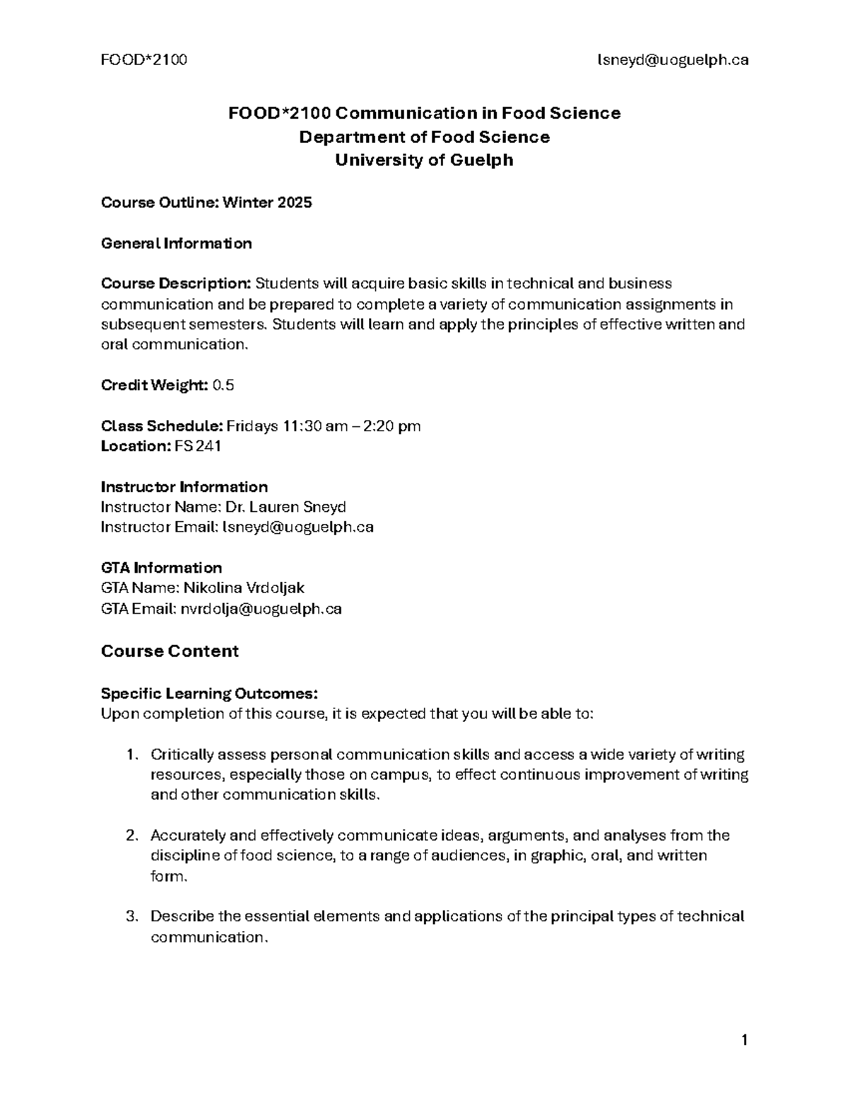 FOOD 2100 Course Outline: Communication Skills in Food Science - Studocu