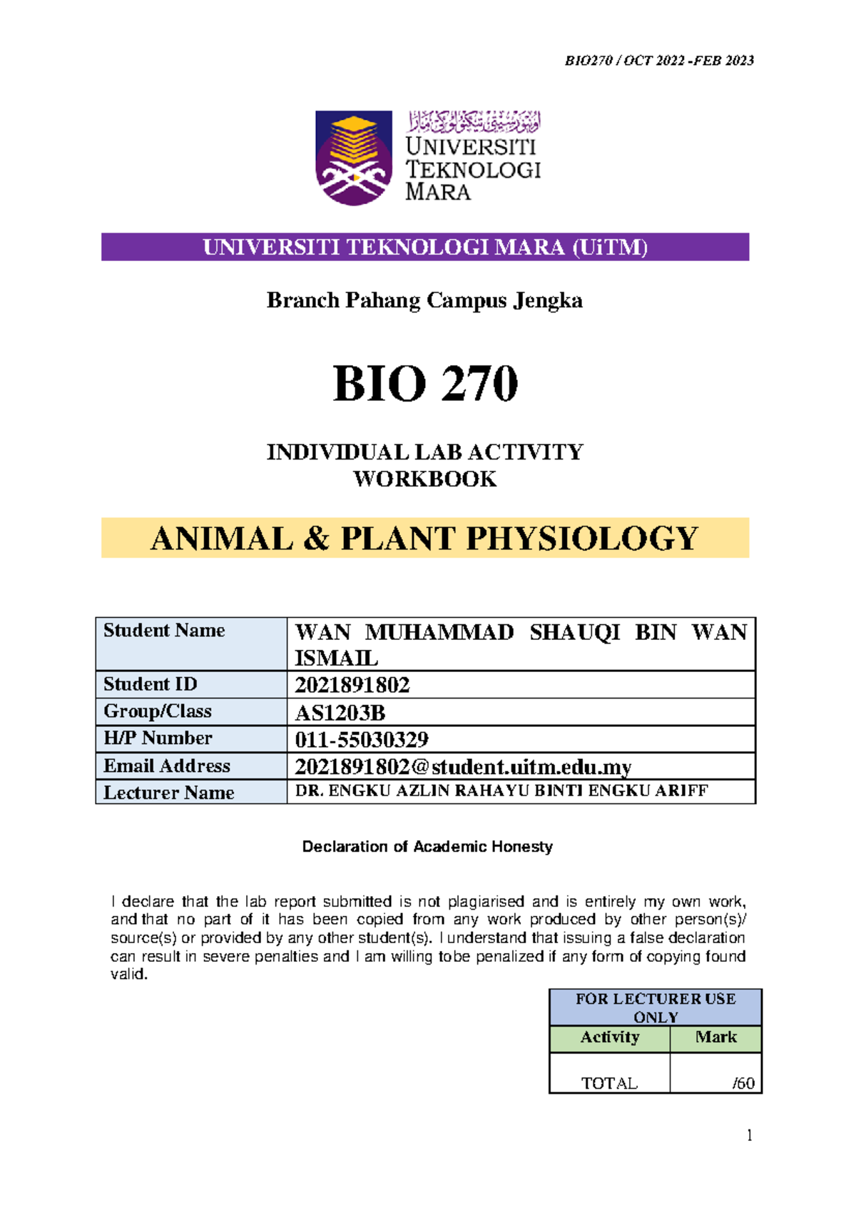 BIO270 Individual Lab Activity: Rat Dissection Workbook Completion ...