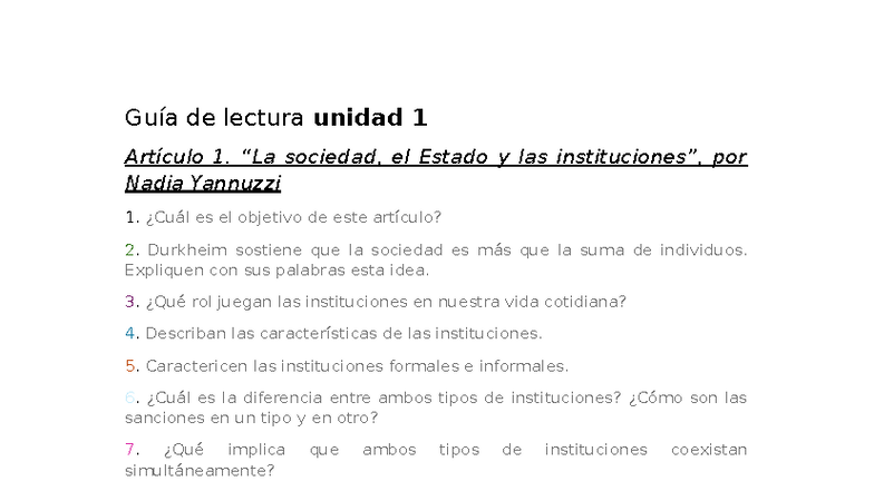 Guía de Lectura Unidad 1: Sociedad, Estado e Instituciones - Studocu